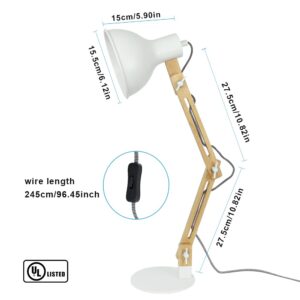 DINGLILIGHTING DLLT Swing Arm Desk Lamp, Wood Adjustable Gooseneck Table Lamp, Modern Architect Desk Light, Reading Light for Work, Study, Bedroom, Home Office, White Metal Shade, E26 Bulb Included