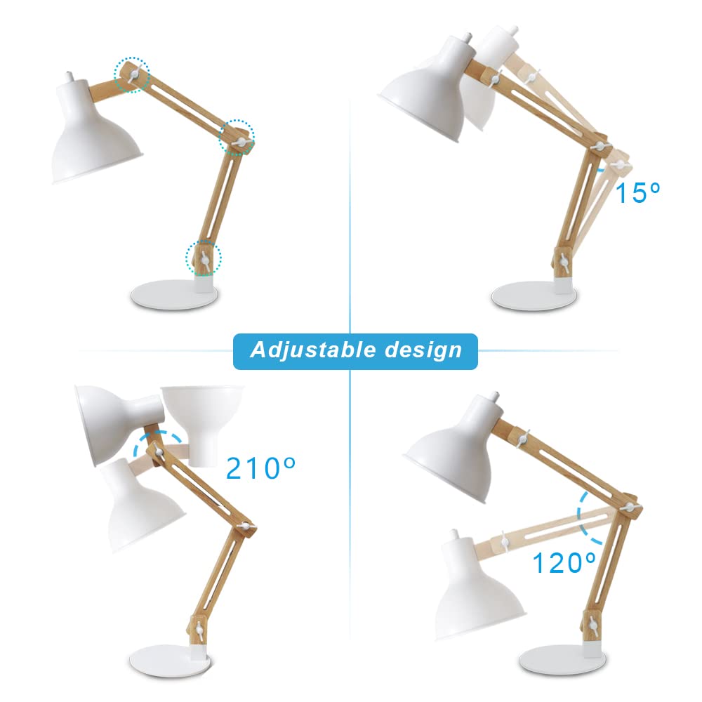 DINGLILIGHTING DLLT Swing Arm Desk Lamp, Wood Adjustable Gooseneck Table Lamp, Modern Architect Desk Light, Reading Light for Work, Study, Bedroom, Home Office, White Metal Shade, E26 Bulb Included