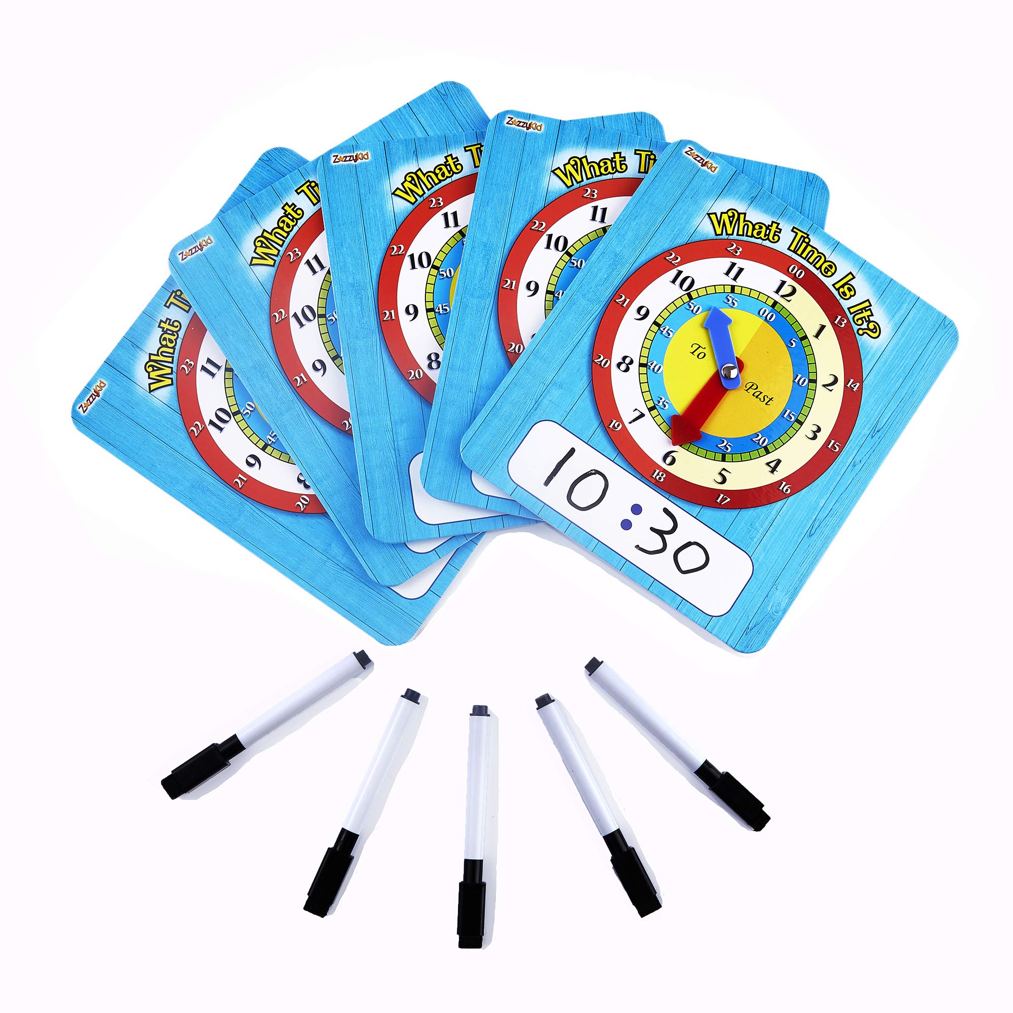 ZazzyKid Time Learning Analog Clock for Kids - Pack of 5 (7 x 8 Inches) with 5 Erasable Markers: Teach Children to Tell The Time