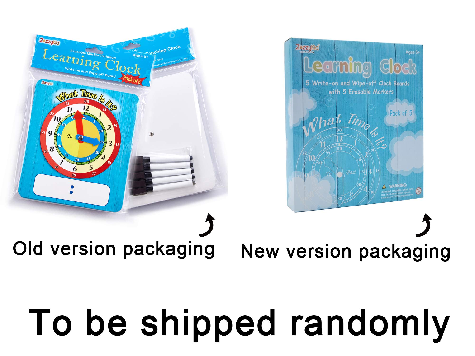 ZazzyKid Time Learning Analog Clock for Kids - Pack of 5 (7 x 8 Inches) with 5 Erasable Markers: Teach Children to Tell The Time