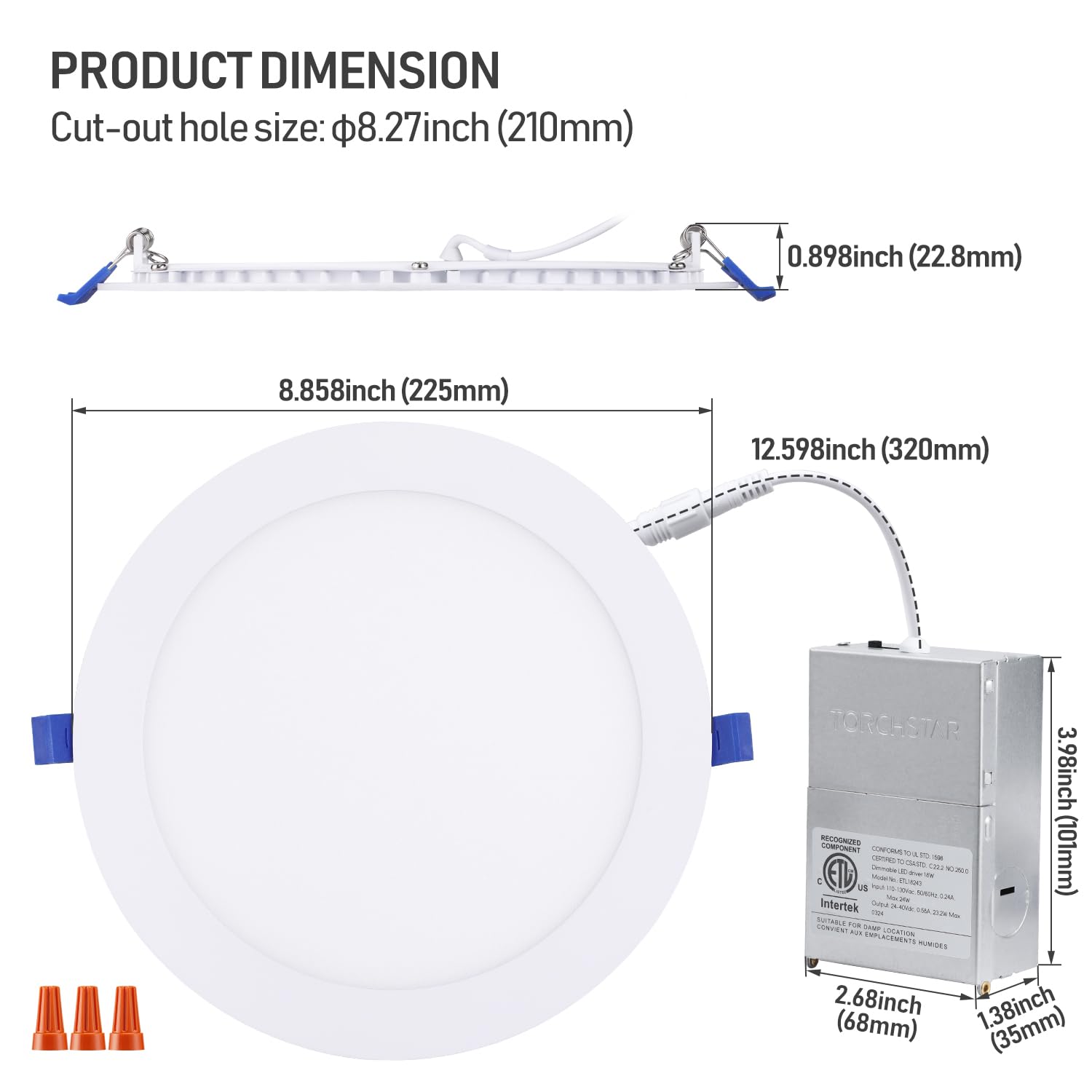 TORCHSTAR Premium Series 5CCT 8 Inch Ultra-Thin LED Recessed Ceiling Light with J-Box, 18W Dimmable Recessed Downlight, 2700K/3000K/3500K/4000K/5000K Selectable, ETL & ES Listed, White, Pack of 6