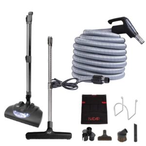 nadair central vacuum kit, 40ft high-voltage hose with on/off switch at the handle 5 adjustable heights powerhead, 12'' swiveling floor brush and accessories included, 40 ft, grey