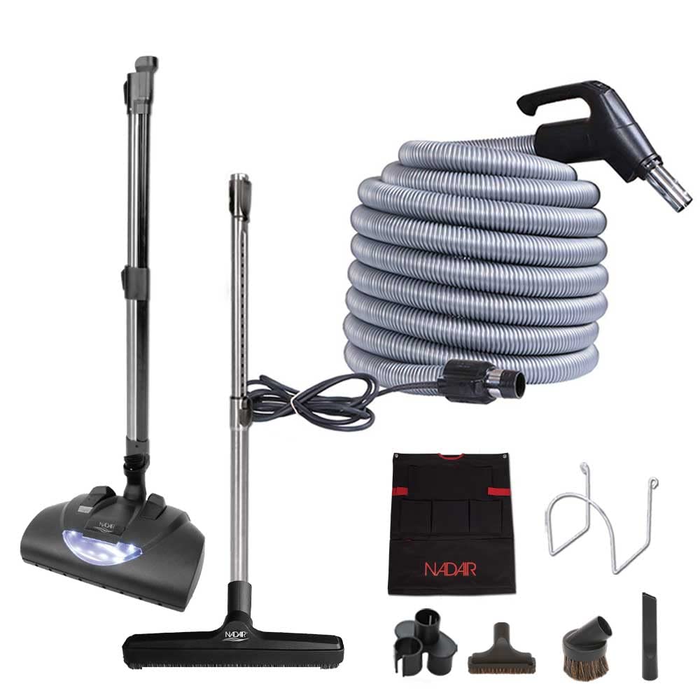 Nadair Central Vacuum kit, 40ft high-Voltage Hose with on/Off Switch at The Handle 5 Adjustable Heights powerhead, 12'' swiveling Floor Brush and Accessories Included, 40 FT, Grey