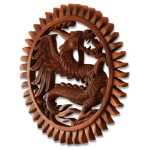 G6 Collection 11” Wooden Hand Carved Wall Hanging Dragon Panel Relief Plaque Statue Sculpture Handcrafted Gift Art Home Decor Figurine Accent Decoration Handmade Wall Dragon