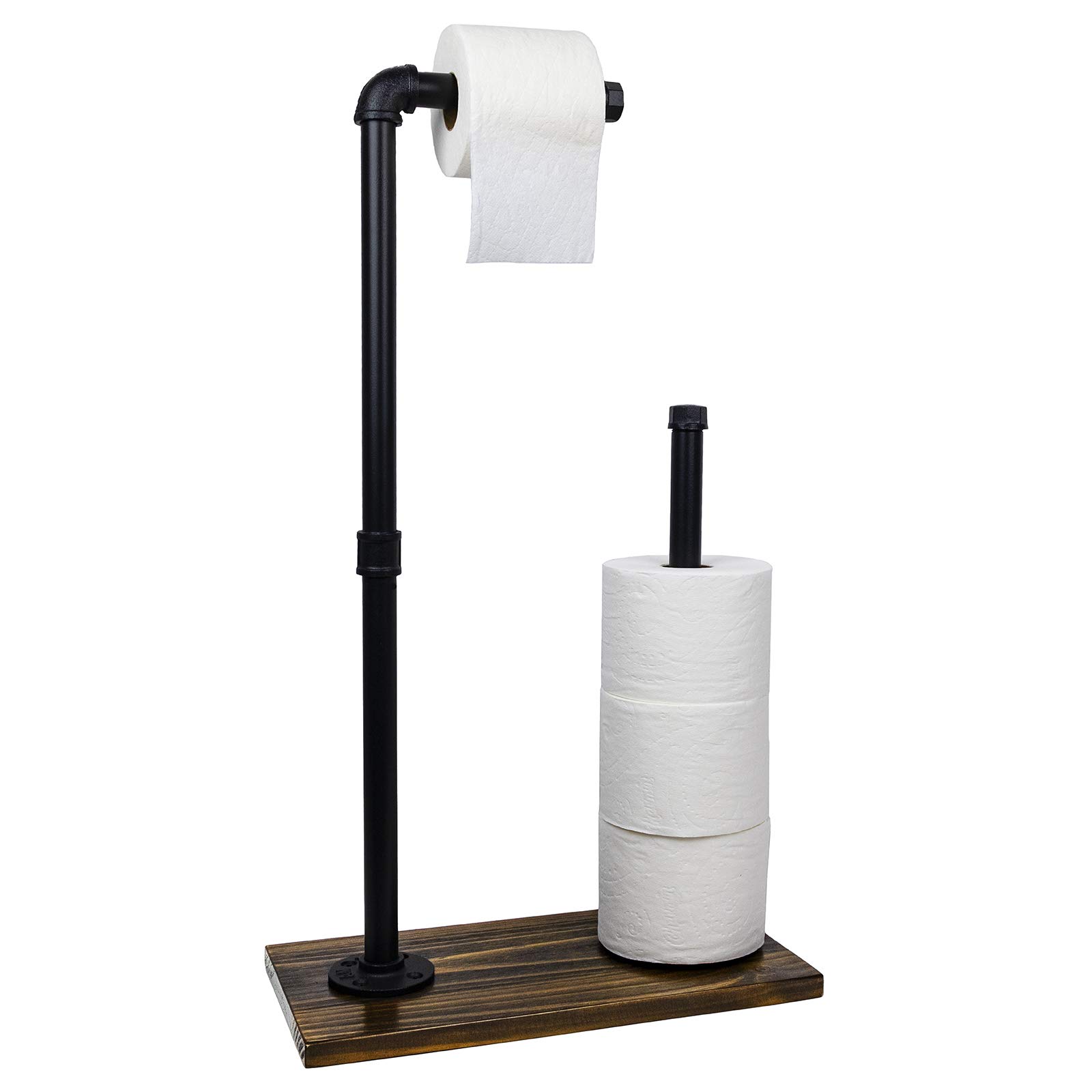 Excello Global Products Toilet Paper Holder Stand: Free Standing Toiler Paper Dispenser Bathroom Organizer with Reserve Storage. Industrial Cast Iron Pipe with Stained Woodnen Base. Size: 28" x 15.75"