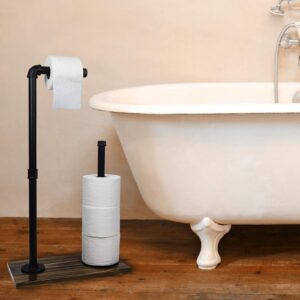 Excello Global Products Toilet Paper Holder Stand: Free Standing Toiler Paper Dispenser Bathroom Organizer with Reserve Storage. Industrial Cast Iron Pipe with Stained Woodnen Base. Size: 28" x 15.75"