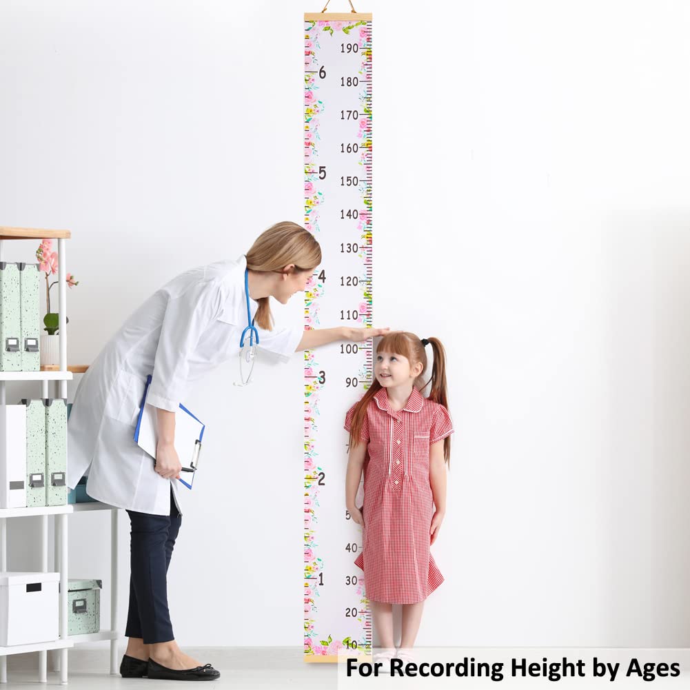 Beinou Baby Growth Chart Ruler for Kids Wood Frame Height Measure Chart 7.9in x 79in Canvas Hanging Height Growth Chart