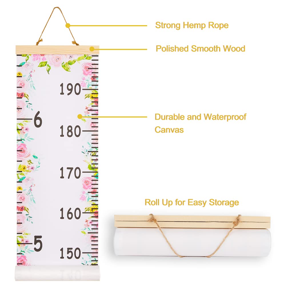 Beinou Baby Growth Chart Ruler for Kids Wood Frame Height Measure Chart 7.9in x 79in Canvas Hanging Height Growth Chart