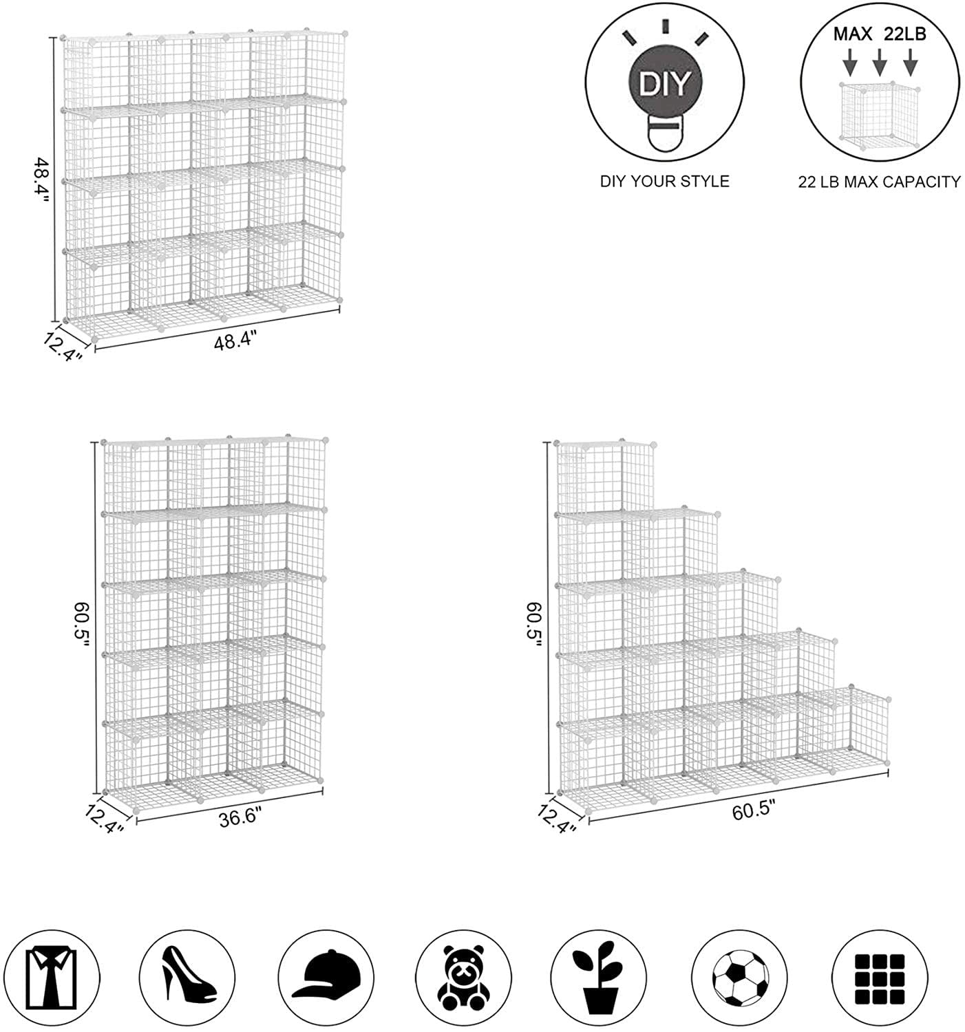 C&AHOME Wire Cube Storage, 16-Cube Organizer Metal Grids Storage, Storage Bins Shelving, Modular Bookshelf Shelves, DIY Closet Cabinet Ideal for Bedroom, Office 48.4”L x 12.4”W x 48.4”H White