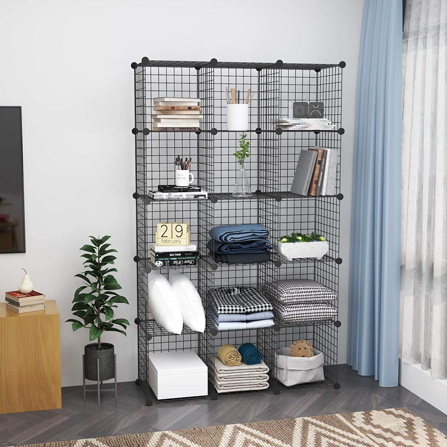 C&AHOME Wire Cube Storage, 16-Cube Organizer Metal Grids Storage, Storage Bins Shelving, Modular Bookshelf Shelves, DIY Closet Cabinet Ideal for Bedroom, Office 48.4”L x 12.4”W x 48.4”H White