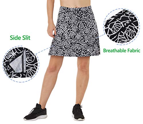 slimour Women Print Golf Skirt Travel Skirts with Pocket Swim Skirt High Waist with Shorts Black Rose XL