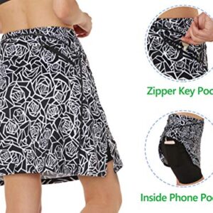 slimour Women Print Golf Skirt Travel Skirts with Pocket Swim Skirt High Waist with Shorts Black Rose XL