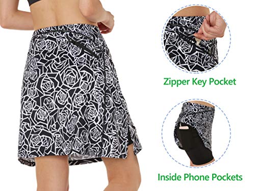 slimour Women Print Golf Skirt Travel Skirts with Pocket Swim Skirt High Waist with Shorts Black Rose XL