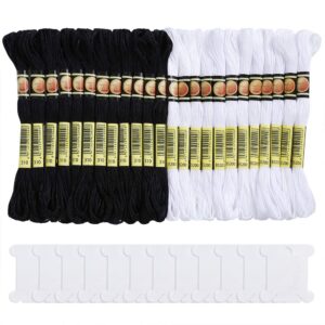 pllieay 24 skeins friendship bracelets floss, black and white embroidery cross stitch threads cotton, embroidery floss with 12 pieces floss bobbins for halloween knitting, cross stitch project