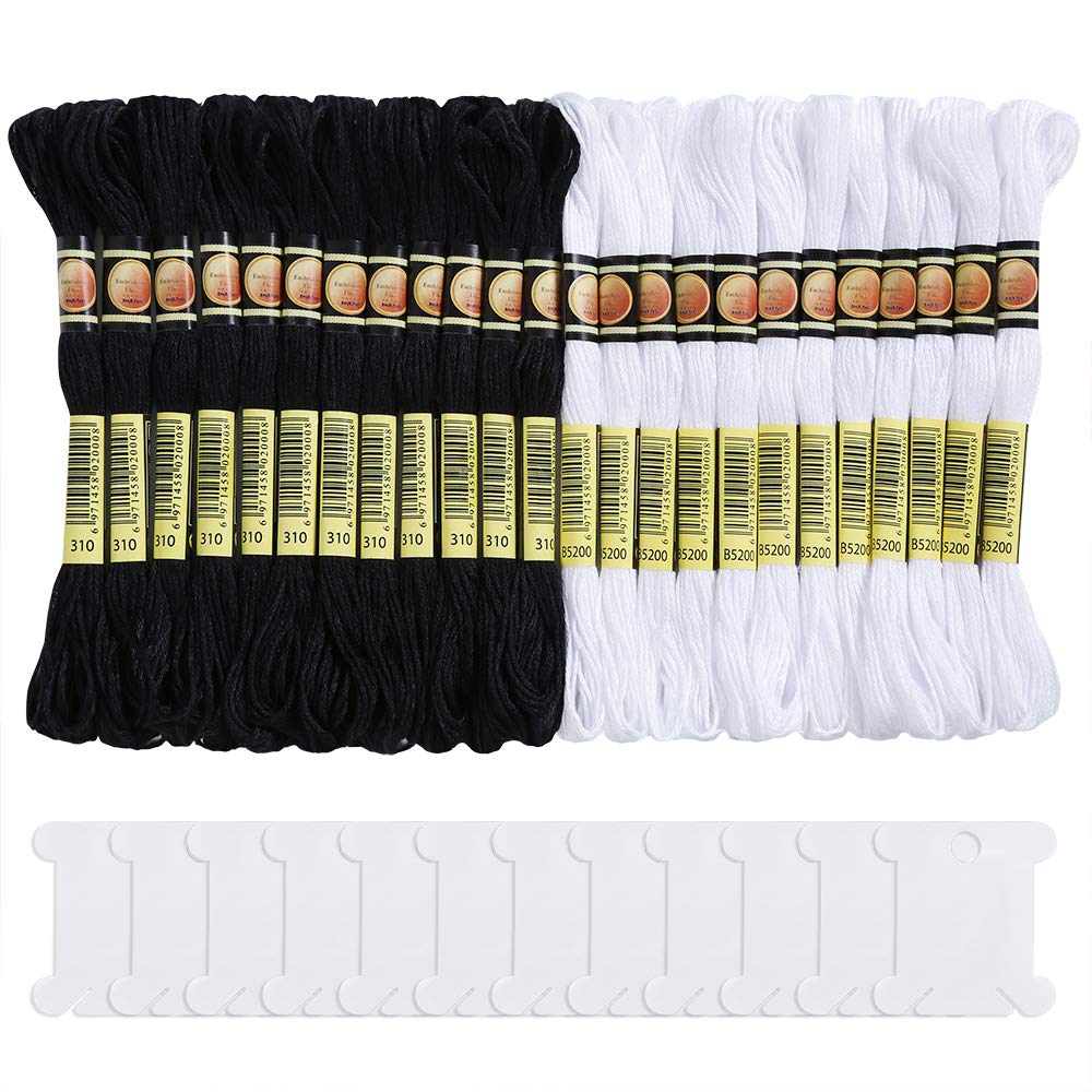 Pllieay 24 Skeins Friendship Bracelets Floss, Black and White Embroidery Cross Stitch Threads Cotton, Embroidery Floss with 12 Pieces Floss Bobbins for Halloween Knitting, Cross Stitch Project