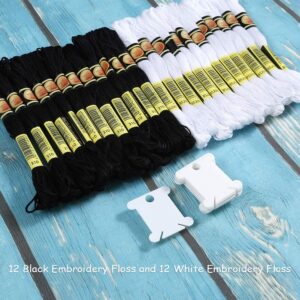 Pllieay 24 Skeins Friendship Bracelets Floss, Black and White Embroidery Cross Stitch Threads Cotton, Embroidery Floss with 12 Pieces Floss Bobbins for Halloween Knitting, Cross Stitch Project