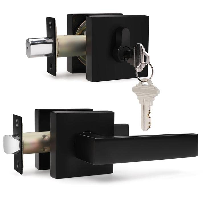 Probrico Flat Black Passage Door Lever with Single Cylinder Deadbolts Combo Pack, Modern Square Lock Set Handleset,Exterior Handle and Set,Exterior