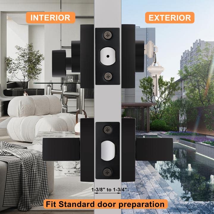 Probrico Flat Black Passage Door Lever with Single Cylinder Deadbolts Combo Pack, Modern Square Lock Set Handleset,Exterior Handle and Set,Exterior