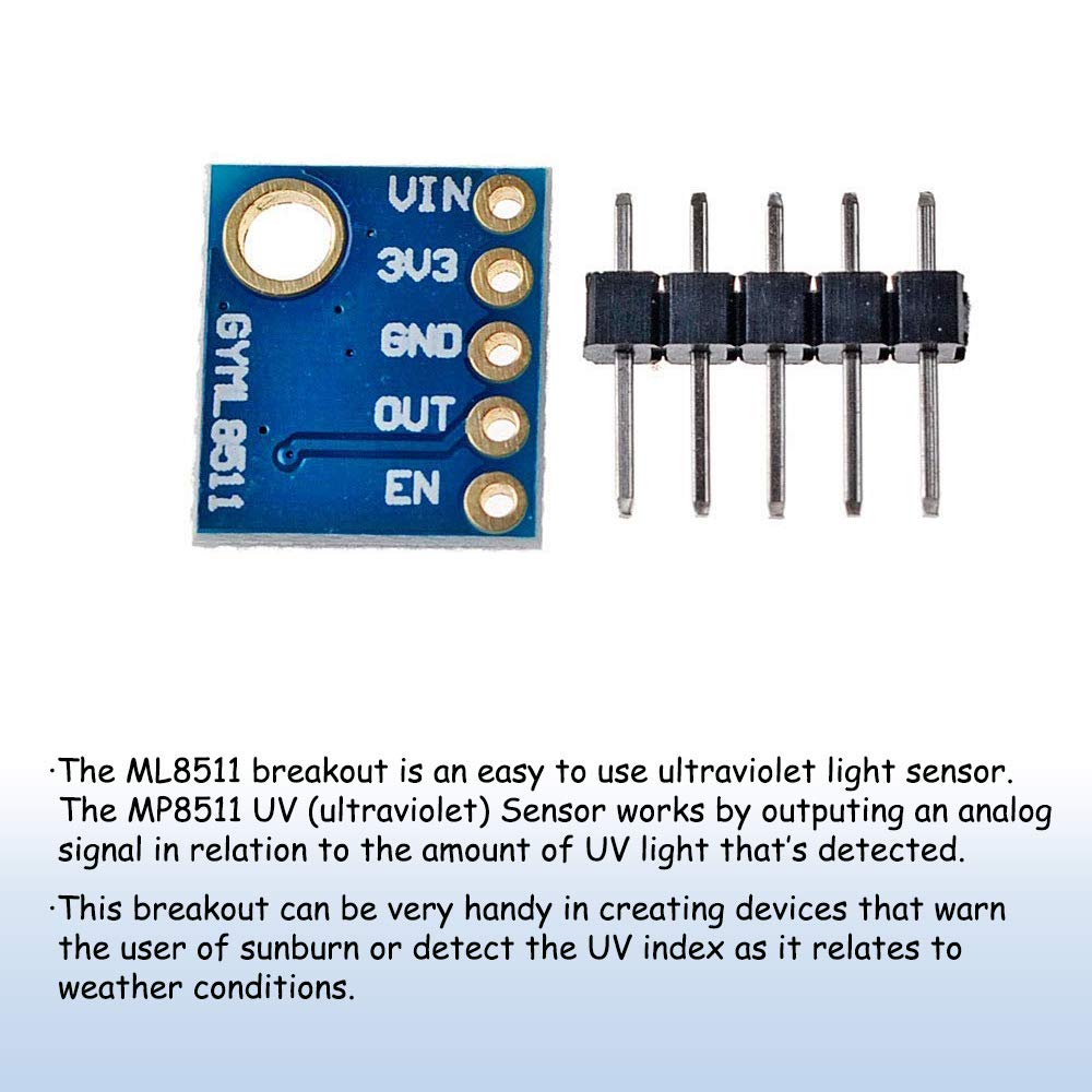 KOOBOOK 2Pcs GY-8511 ML8511 UVB Sensor Breakout Test Module Detector Analog Output for Arduino