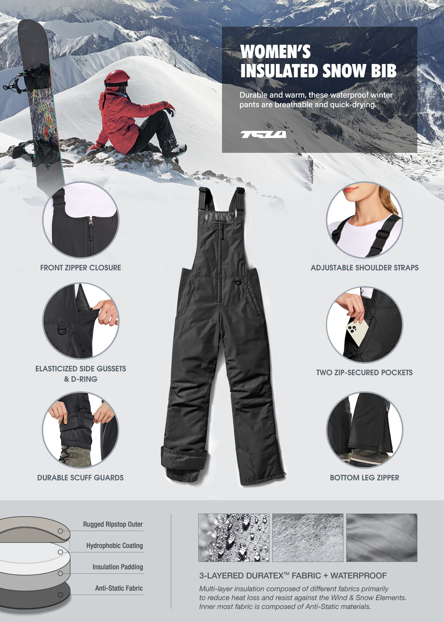 TSLA Women's Winter Snow Bibs, Waterproof Insulated Snowboard Overalls, Ripstop Ski Pants, Winter Snow Bib Black, X-Large