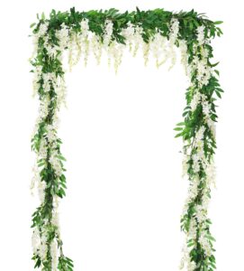 dearhouse 2pcs 6ft/piece artificial flowers wisteria garland artificial wisteria vine hanging flower greenery garland for home garden outdoor wedding arch floral decor (white)