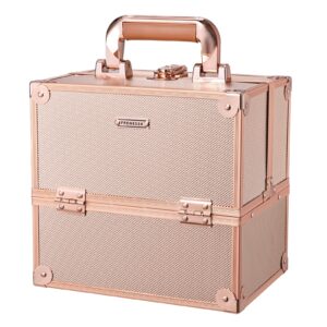 frenessa makeup train case 10 inch travel beauty cosmetic box professional 4-trays jewelry storage organizer with lockable portable for women and girls - rose gold