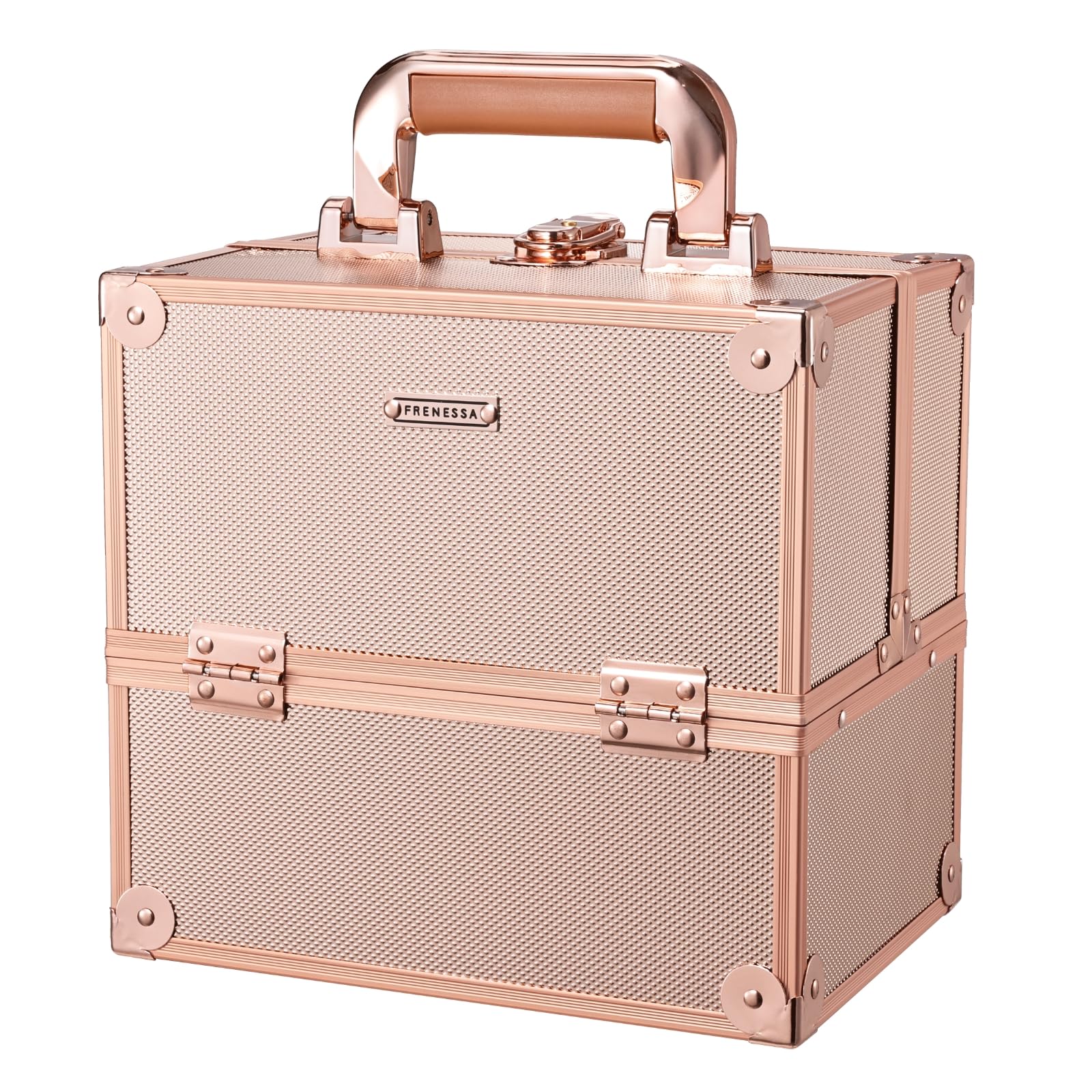 FRENESSA Makeup Train Case 10 Inch Travel Beauty Cosmetic Box Professional 4-trays Jewelry Storage Organizer with Lockable Portable for Women and Girls - Rose Gold