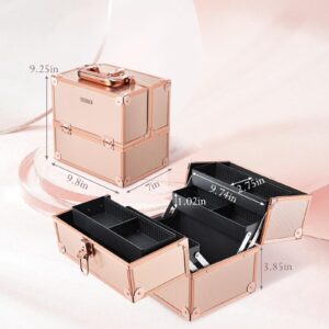 FRENESSA Makeup Train Case 10 Inch Travel Beauty Cosmetic Box Professional 4-trays Jewelry Storage Organizer with Lockable Portable for Women and Girls - Rose Gold