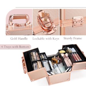 FRENESSA Makeup Train Case 10 Inch Travel Beauty Cosmetic Box Professional 4-trays Jewelry Storage Organizer with Lockable Portable for Women and Girls - Rose Gold