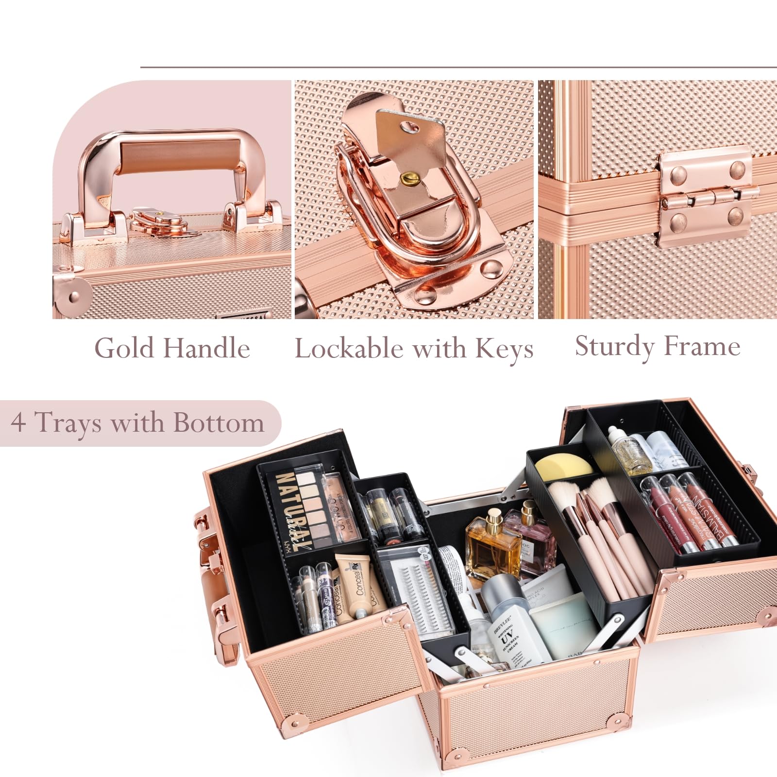 FRENESSA Makeup Train Case 10 Inch Travel Beauty Cosmetic Box Professional 4-trays Jewelry Storage Organizer with Lockable Portable for Women and Girls - Rose Gold