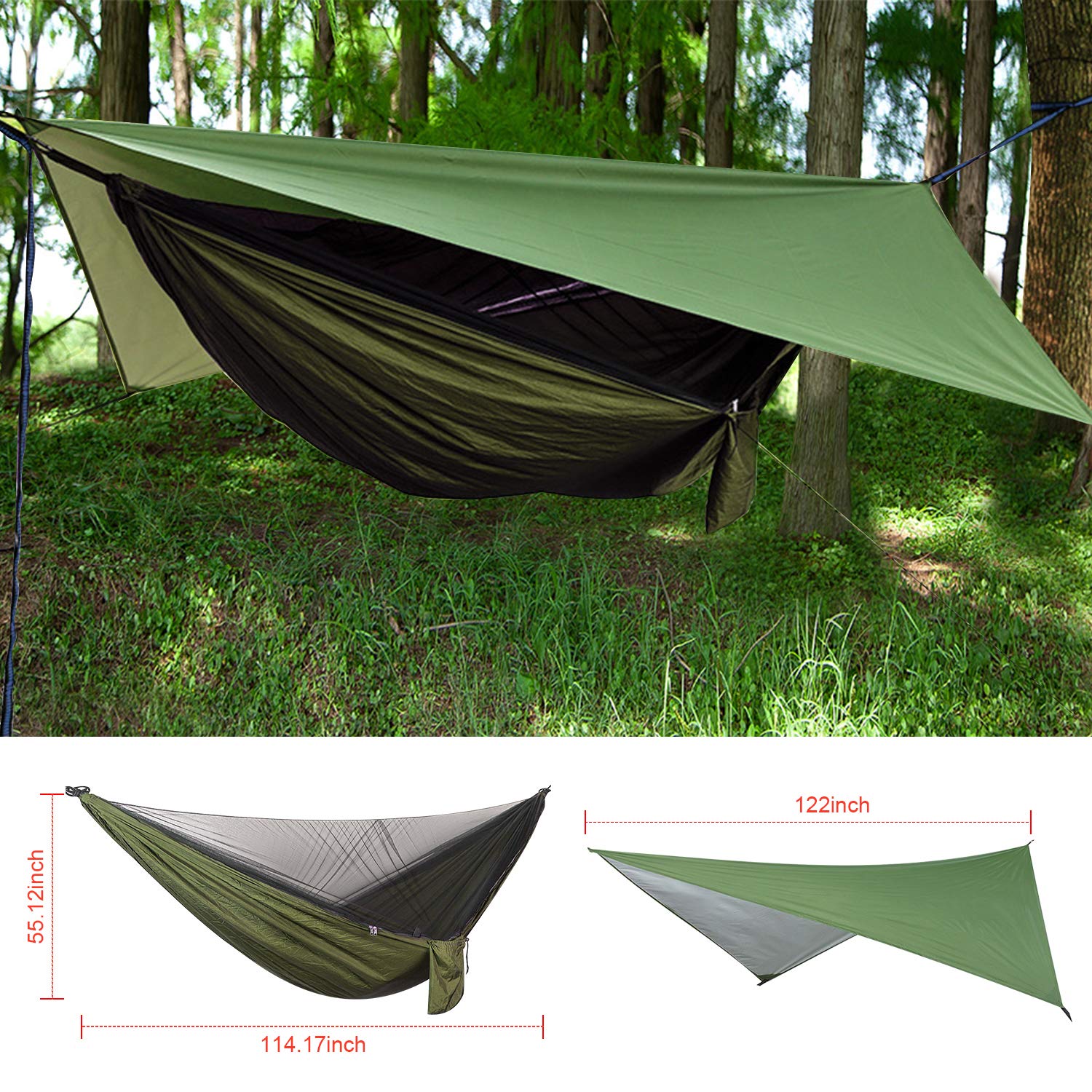 FIRINER Camping Hammock with Rain fly Tarp and Mosquito Net Portable Single Double Hammock Tent with Tree Strap Backpacking Hammock with Rain Cover for Hiking Travel Yard Activities Green