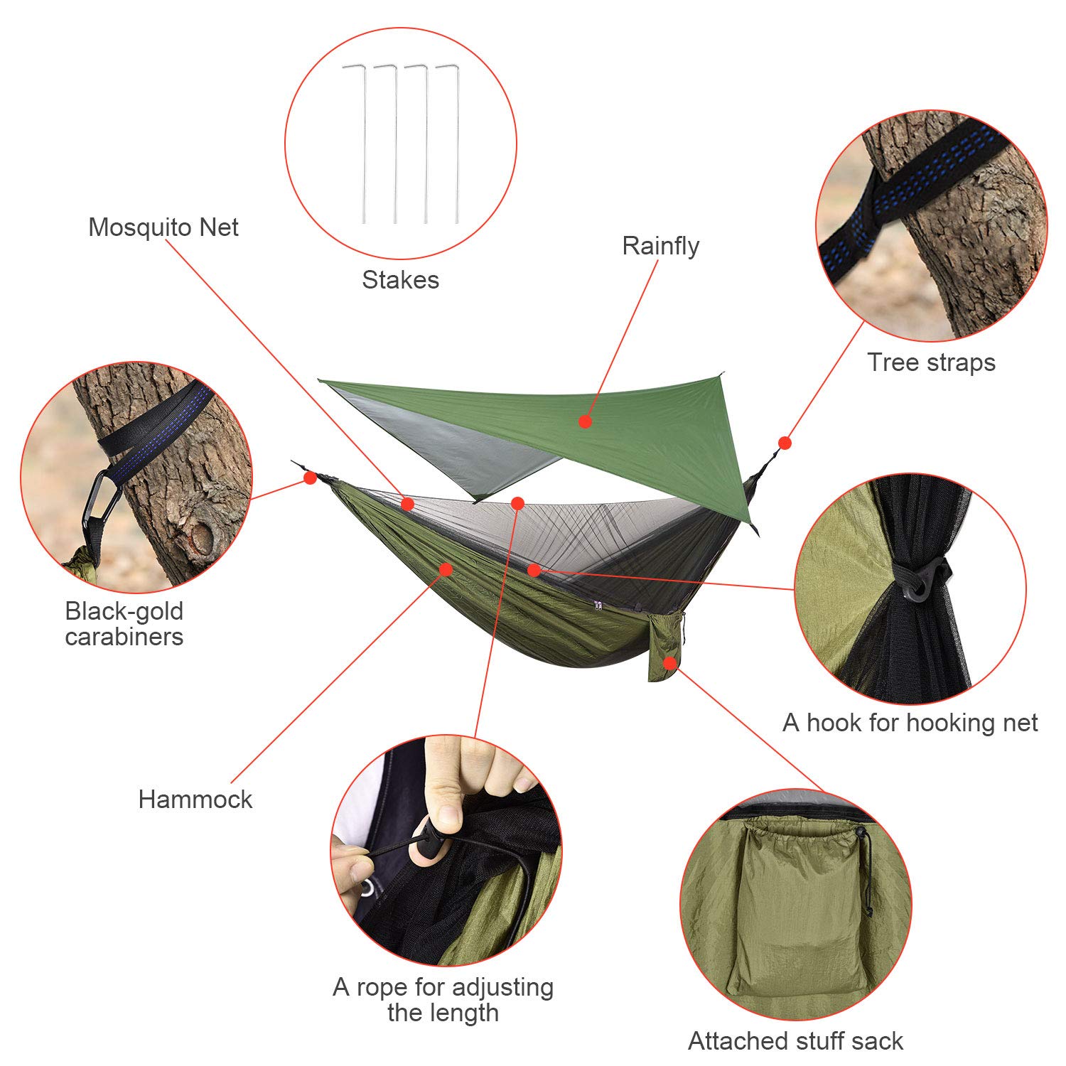 FIRINER Camping Hammock with Rain fly Tarp and Mosquito Net Portable Single Double Hammock Tent with Tree Strap Backpacking Hammock with Rain Cover for Hiking Travel Yard Activities Green