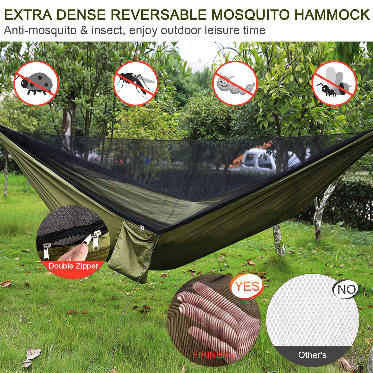 FIRINER Camping Hammock with Rain fly Tarp and Mosquito Net Portable Single Double Hammock Tent with Tree Strap Backpacking Hammock with Rain Cover for Hiking Travel Yard Activities Green