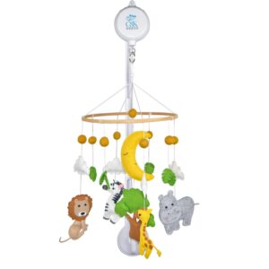 baby crib mobile, music box player and crib arm holder, hanging carousel with safari zoo animal, giraffe, zebra, lion, hippo surrounded by tree, moon and clouds by c&k works