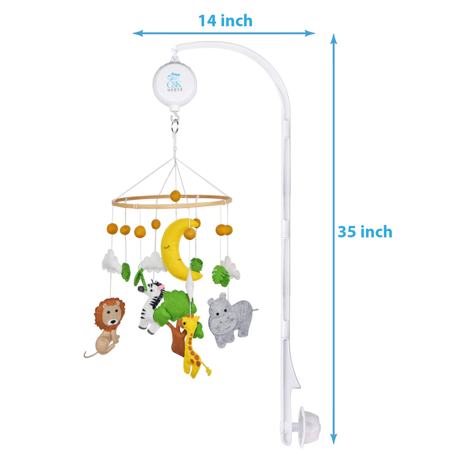 Baby Crib Mobile, Music Box Player and Crib Arm Holder, Hanging Carousel with Safari Zoo Animal, Giraffe, Zebra, Lion, Hippo Surrounded by Tree, Moon and Clouds by C&K WORKS