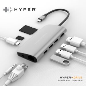 HyperDrive USB C Hub - 9-in-1 USB Hub 4K HDMI, Ethernet, 3.0 USB-A, USB C Power Delivery, MicroSD/SD, Audio Jack - Compatible with iPad Pro, MacBook, Chromebook, Windows - Space Gray