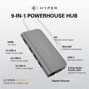 HyperDrive USB C Hub - 9-in-1 USB Hub 4K HDMI, Ethernet, 3.0 USB-A, USB C Power Delivery, MicroSD/SD, Audio Jack - Compatible with iPad Pro, MacBook, Chromebook, Windows - Space Gray