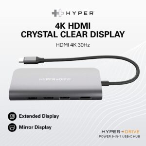 HyperDrive USB C Hub - 9-in-1 USB Hub 4K HDMI, Ethernet, 3.0 USB-A, USB C Power Delivery, MicroSD/SD, Audio Jack - Compatible with iPad Pro, MacBook, Chromebook, Windows - Space Gray