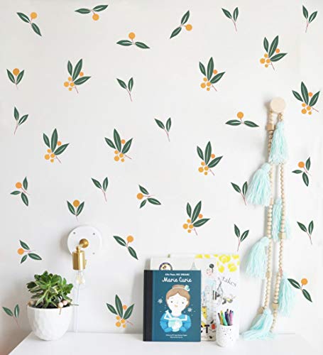 Nordic Tangerines Green Leaves Wall Decal, Fruit Wall Decals,Plant Fresh Leaves Sticker for Bedroom Office Decoration,Tangerine Wall Decals (32pcs Tangerines Leaf)