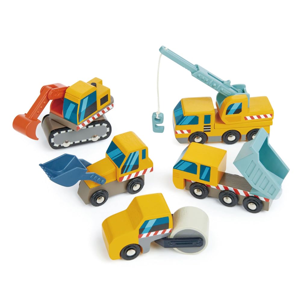 Tender Leaf Toys - Construction Site - Four Heavy Vehicles with Crane Truck, Road Roller, Dump Truck and Front Loader - Build Your Own Construction Site and Develops Fine Motor Skills for Children 3+