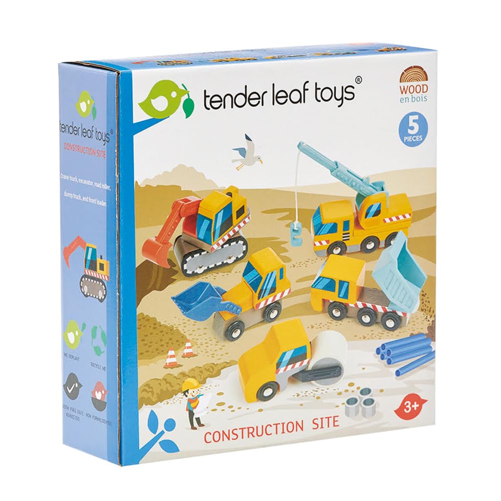 Tender Leaf Toys - Construction Site - Four Heavy Vehicles with Crane Truck, Road Roller, Dump Truck and Front Loader - Build Your Own Construction Site and Develops Fine Motor Skills for Children 3+