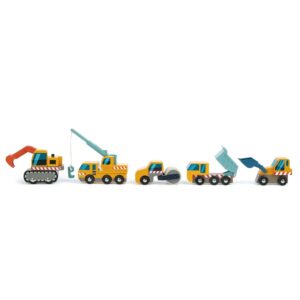 Tender Leaf Toys - Construction Site - Four Heavy Vehicles with Crane Truck, Road Roller, Dump Truck and Front Loader - Build Your Own Construction Site and Develops Fine Motor Skills for Children 3+