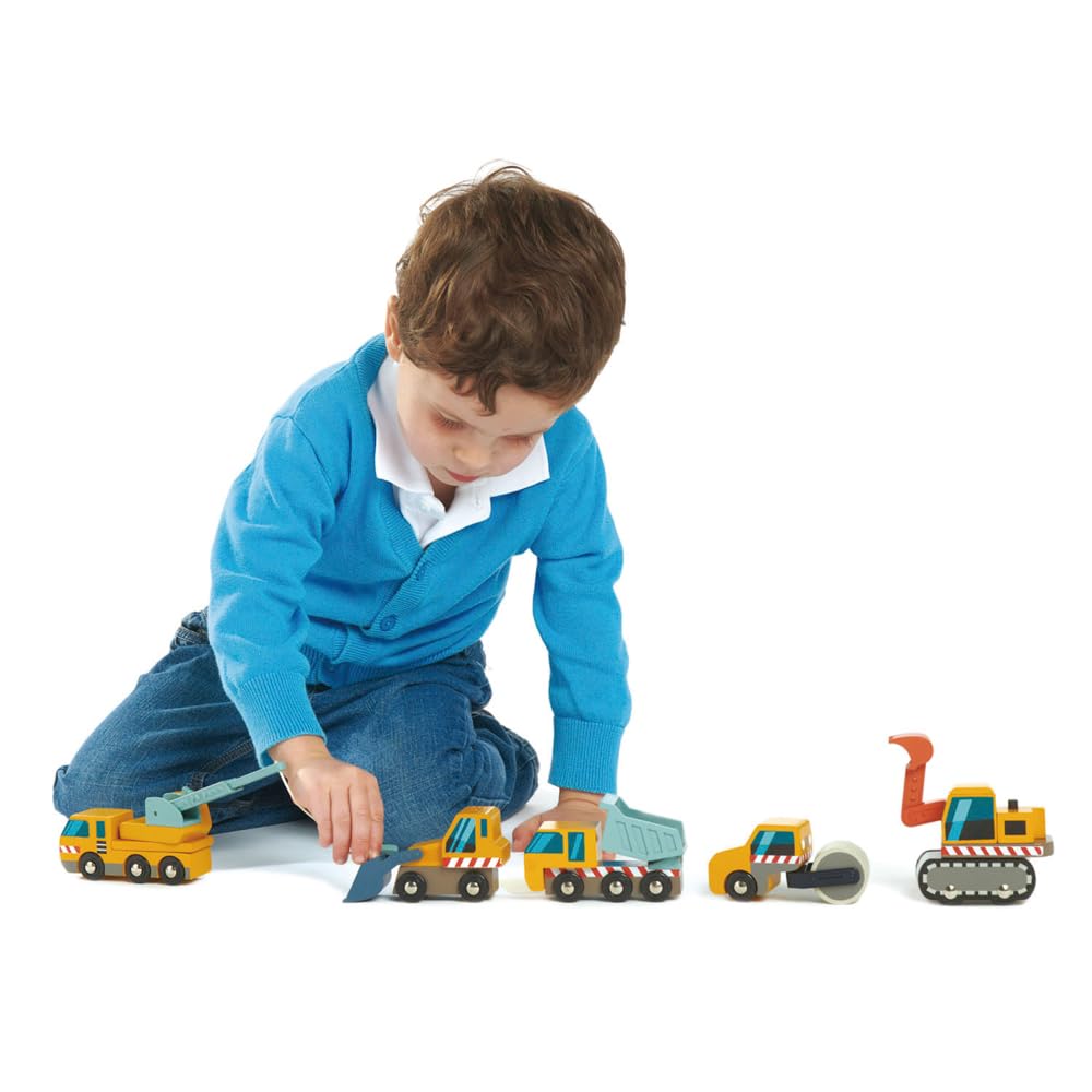 Tender Leaf Toys - Construction Site - Four Heavy Vehicles with Crane Truck, Road Roller, Dump Truck and Front Loader - Build Your Own Construction Site and Develops Fine Motor Skills for Children 3+