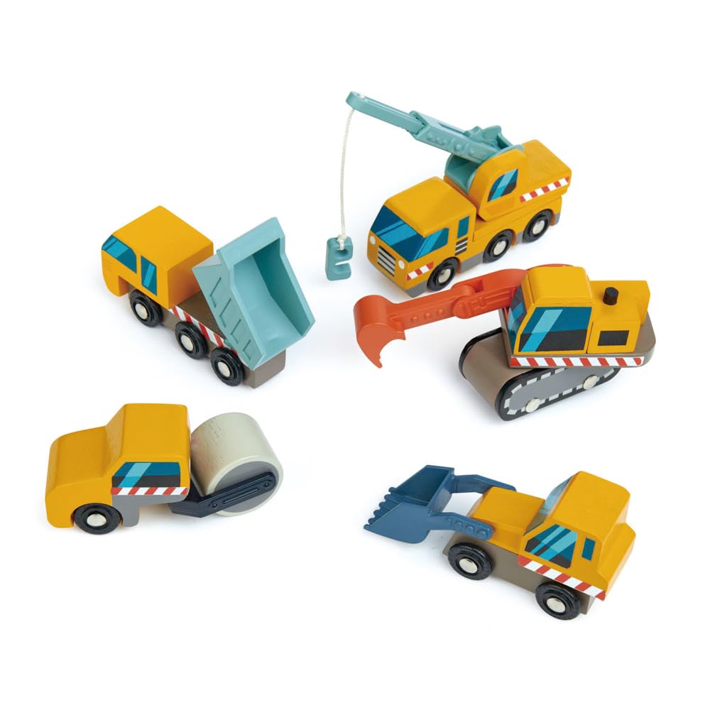 Tender Leaf Toys - Construction Site - Four Heavy Vehicles with Crane Truck, Road Roller, Dump Truck and Front Loader - Build Your Own Construction Site and Develops Fine Motor Skills for Children 3+