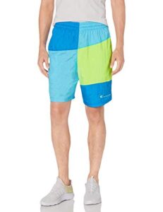 champion men's colorblock crinkle nylon short, blue horizon/dpblwat/hghlityell, medium