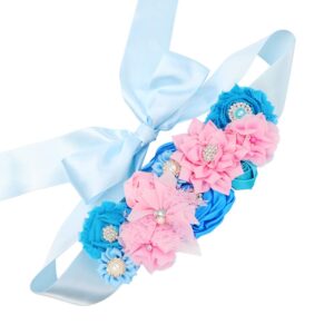 gender reveal maternity sash - baby reveal pregnancy sash keepsake baby shower flower belly belt (pink & blue)