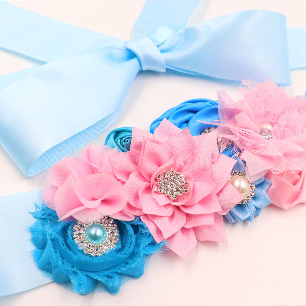 Gender Reveal Maternity Sash - Baby Reveal Pregnancy Sash Keepsake Baby Shower Flower Belly Belt (Pink & Blue)