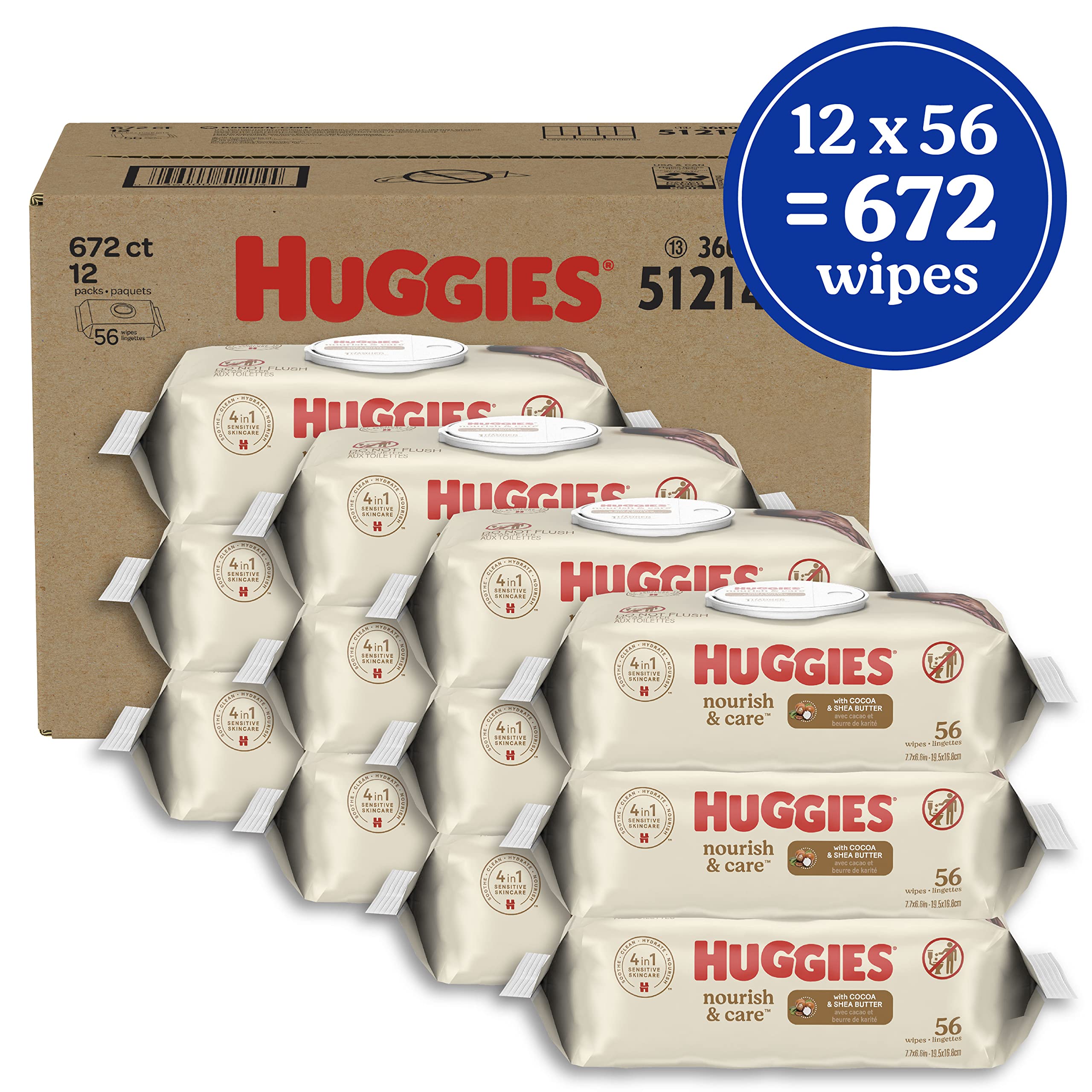 Baby Wipes, Scented, Huggies Nourish & Care Baby Diaper Wipes, 56 Count (Pack of 12)