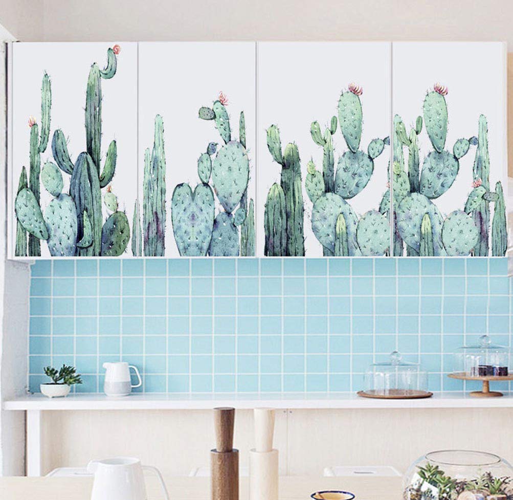 BIBITIME Cactus Wall Decal Green Plants Flower Vinyl Sticker Peel and Stick Home Art PVC Murals for Living Room Nursery Bedroom Children Kids Room Decor (DIY, Cactus - 1 Set)