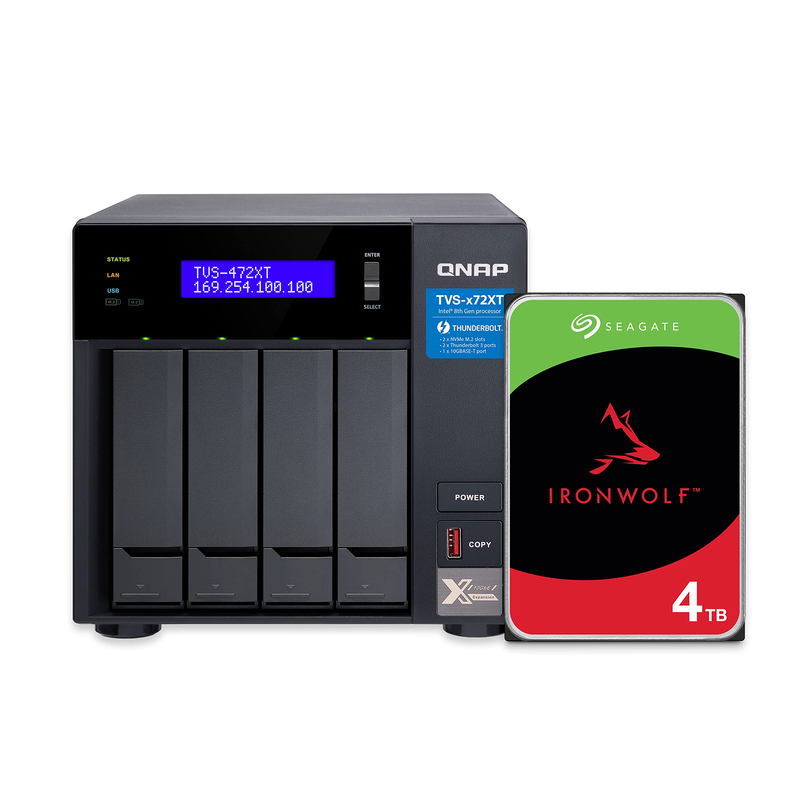 QNAP 4 Bay Thunderbolt NAS with 12TB Storage Capacity, Preconfigured RAID 5 Seagate IronWolf Drives Bundle (TVS-472XT-PT-4G-44R-US)